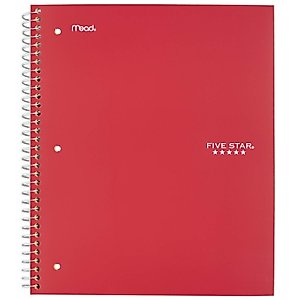 Five Star Spiral Notebook, 1 Subject, Wide Ruled Paper, 100 Sheets, 10-1/2" x 8", Red (72017)