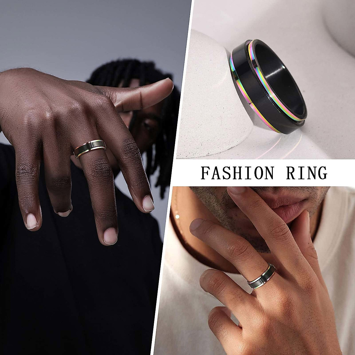 XUANPAI Personalized LGBT Pride Spinner Rings for Men Women Black LGBTQ Wedd4pcs Couple Necklace Bracelet Set,9