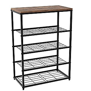 C&AHOME 5 Tier Metal Shoe Rack, 5 Tiers Shoe Rack, Storage Rack with 4 Metal Mesh Shelves and Top Board, Narrow Shoe Organizer for Closet Entryway, Free Standing Shoe Rack, Rustic Brown USRMW05RB