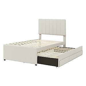 SIYSNKSI Twin Size Upholstered Platform Bed with Trundle and 3 Drawers, Linen Fabric Platform Bed with Headboard and Wooden Slat Support for Kids Boys Girls Teens Bedroom (Beige + Linen-A32)