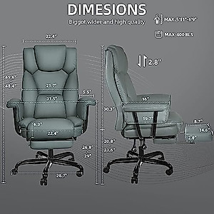 Toszn Reclining Executive Office Chair with Footrest, High Back Big and Tall Office Chair 400lbs Wide Seat 180° Backrest, Ergonomic Leather Managerial Desk Office Chair for Heavy People, Grey Green