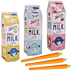 NYKKOLA Kawaii Set of 3 Milk Carton Pencil Cases Cosmetic Bag + 3 Carrot Gel Ink Pens