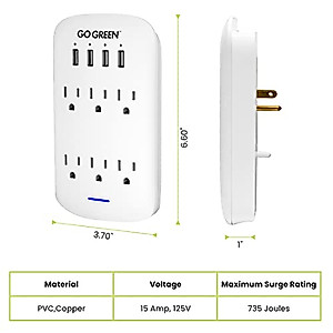 GoGreen Power (GG-16000USB4) 6 Outlet 2.4 AMP USB Wall Tap Adapter with USB Ports and Surge Protection, 735 Joules Surge Rating, White