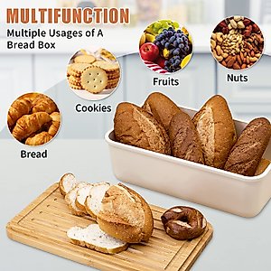 Triiter Bread Box With Bamboo Wood Cutting Board Lid & Bread Slicer Holder, Rectangular Cream Color Bread Container For Kitchen Countertop, 14.8 x 8.4 x 5.3in, Bread Storage Container