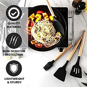 Kitchen Utensils Sets Cooking Utensils sets Wood Spoon Silicone Heat Reaistant Non stick Cookware Set Wooden Handle Spatula Set With Holder Cooking Gadget tool Food Graded BPA Free Non Toxic 12 pieces