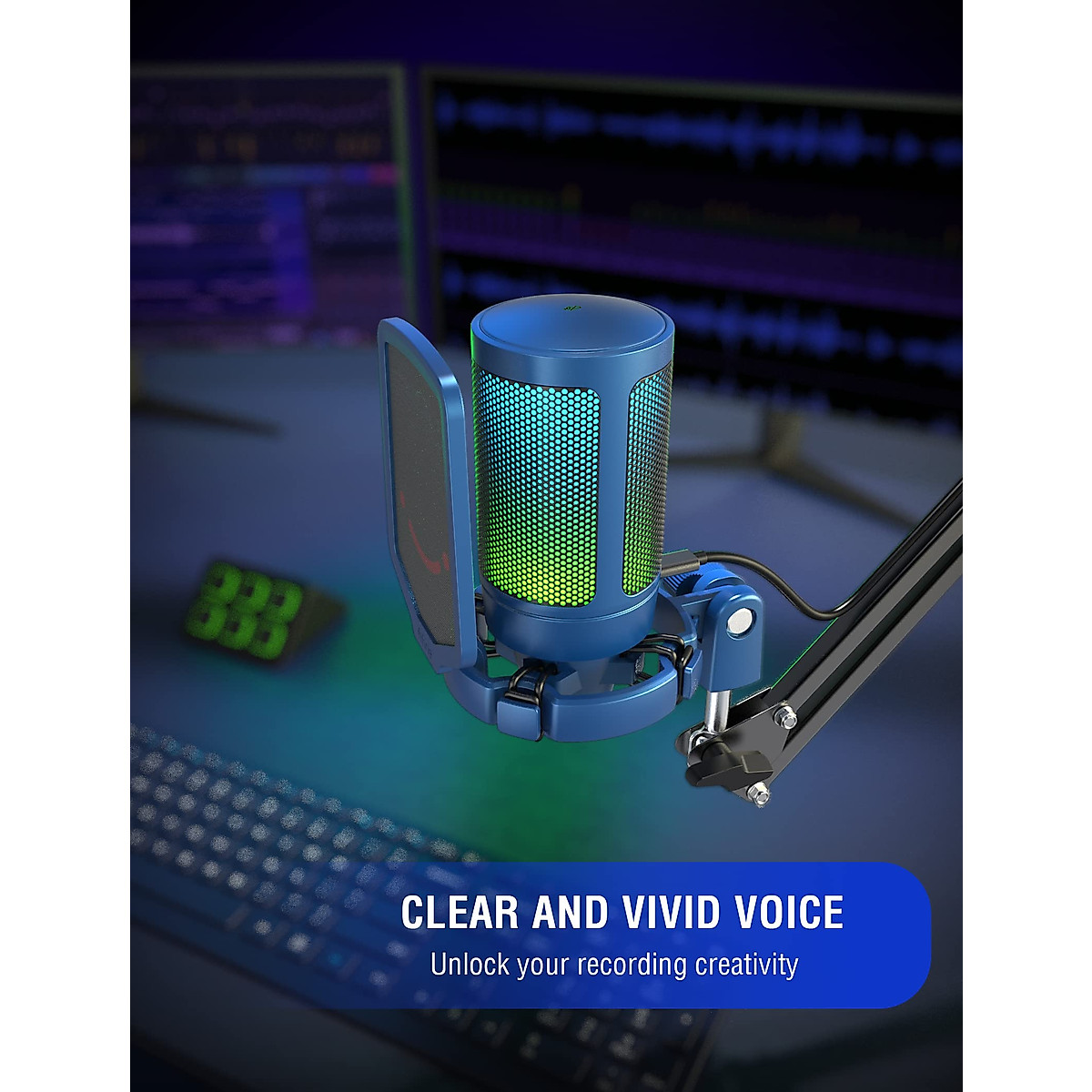 FIFINE Gaming Streaming USB PC Microphone for Mac OS/Windows, AmpliGame Condenser Cardioid Mic with RGB for Video Vocal Recording Twitch Discord, Gamer Computer Mic-Blue