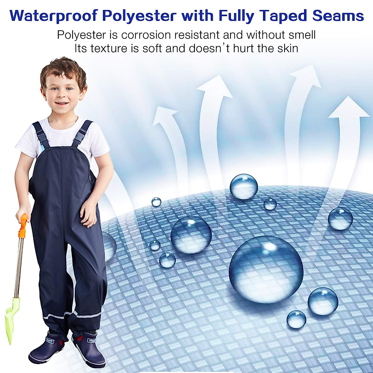 SSAWcasa Kids Rain Pants, Toddler Waterproof Little/Big Boys Girls Pants, Trail and Rain Splash Overalls, Mud Dirty Proof Rain Suspender Trousers (Black, S)