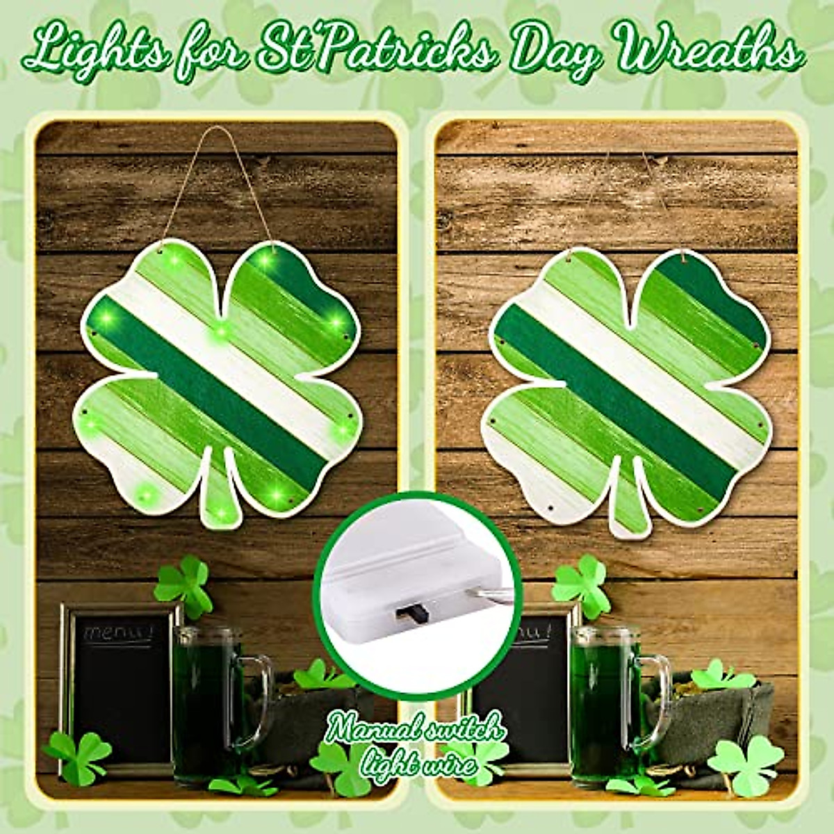 Bucherry 2 Pcs St Patricks Day Lighted Wooden Door Decorations 12" Hat Shamrock Irish Hanging Welcome Door Sign, 2 Pcs 3 ft 10 LED Fairy Lights Green Battery Operated Lights St Patricks Day Home Decor