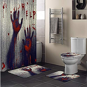 BestLives Halloween Shower Curtain Sets with Rugs Help with Bloody Hands Non-Slip Soft Toilet Lid Cover for Bathroom Zombie Themed Scary 4 Pcs Bathroom Sets with Bath Mat and 12 Hooks