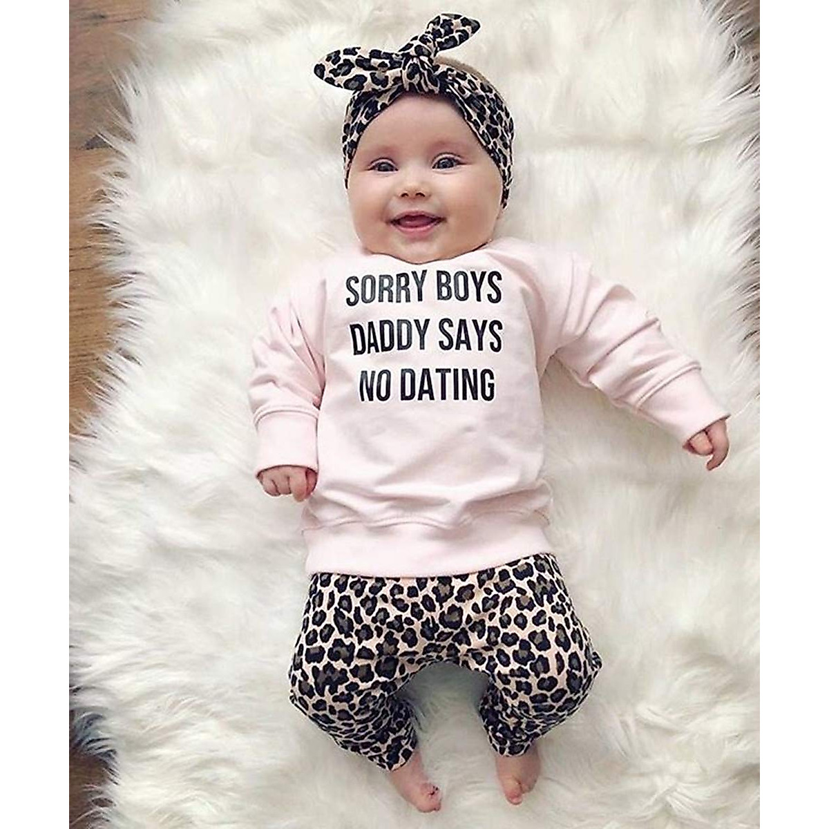 Newborn Baby Girls Clothes Daddy Saying Top Printed T-Shirt Leopard Pants+Headband Sweatshirt Outfit Set (A-Daddy Says, 0-6 Months)