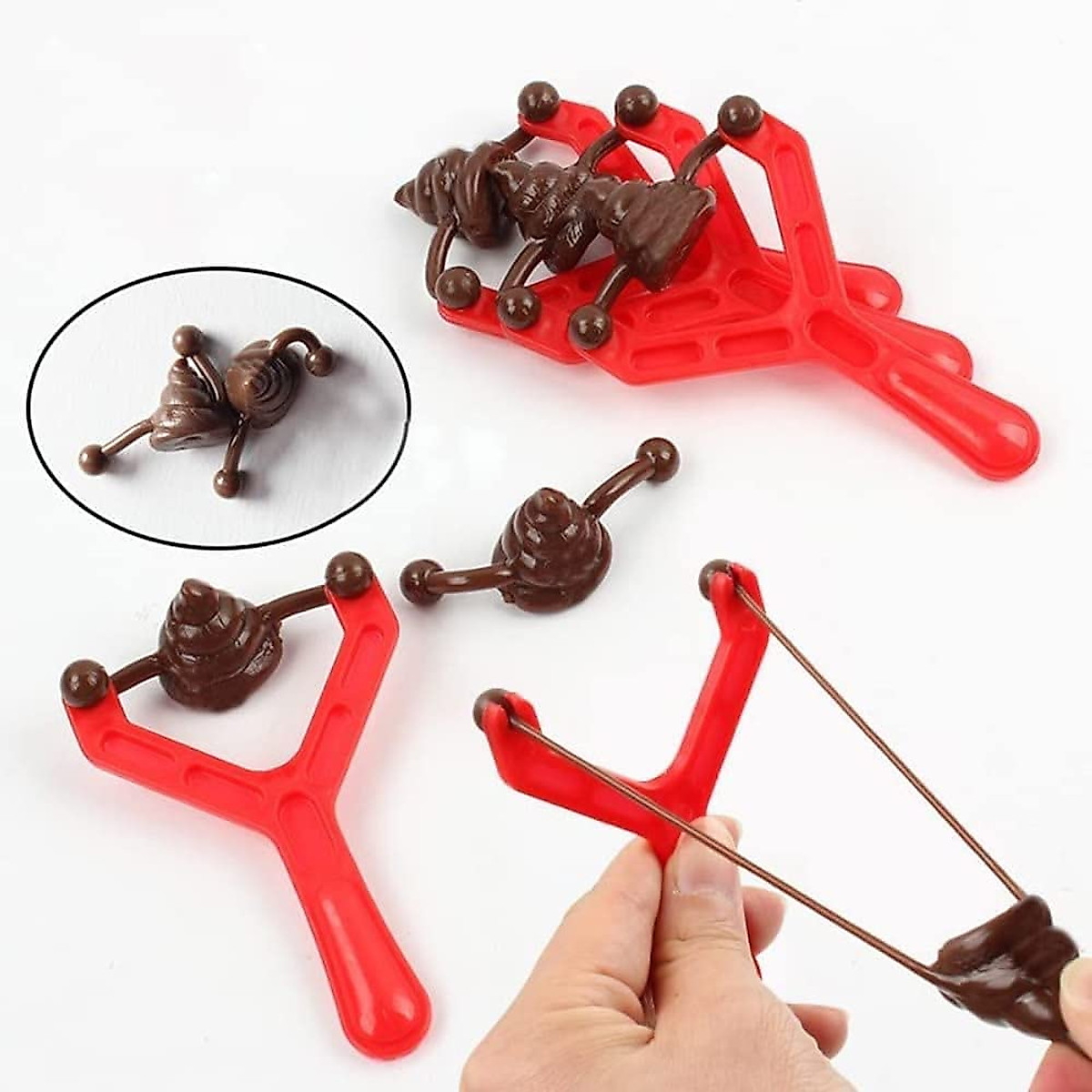 Poo Slingshot - Poo Doo Flying Poo, Smiley Face Poop Slingshot Toy, Funny Tricky Finger Slingshot, Mini Rubber Poop Catapult, Indoor Outdoor Stress Relief Game (5*Slingshot With 25*poops Shots)