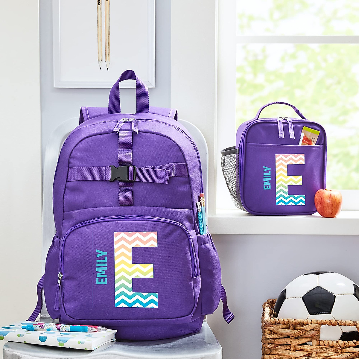 Let's Make Memories Personalized Kids Backpack with Lunch Box (Optional) - Purple, Bright Hearts