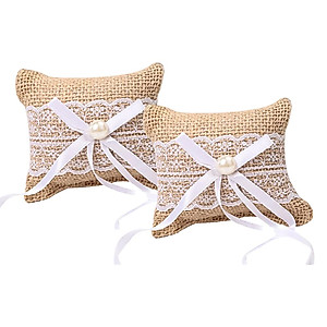 ccHuDE 2 Pcs Burlap Ring Pillows Wedding Ring Bearer Pillow Lace Bridal Ring Holders Vintage Ring Display Pillows with Bows
