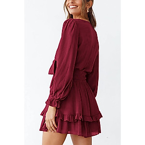 PRETTYGARDEN Women's Short A-Line Flare Dress Knot Front Long Sleeve V Neck Tiered Ruffle Swing Mini Skater Dresses (Wine Red,Small)