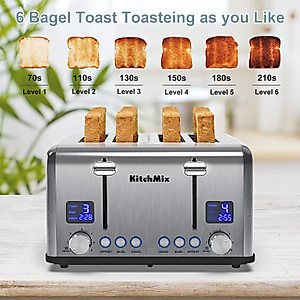 Toaster 4 Slice, KitchMix Bagel Stainless Toaster with LCD Timer, Extra Wide Slots, Dual Screen, Removal Crumb Tray (Stinless steel)