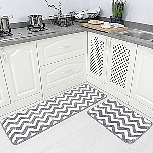 Carvapet 2 Pieces Microfiber Chevron Non-Slip Soft Kitchen Mat Bath Rug Doormat Runner Carpet Set, 17"x48"+17"x24", Grey