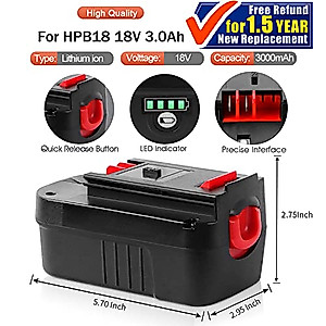 【Lithium-ion | NOT Ni-Mh】 3000mAh 18V Replacement Battery for Black and Decker 18V HPB18 HPB18-OPE 244760-00 A1718 FS18FL FSB18 Firestorm Cordless Power Tools Lithium Battery