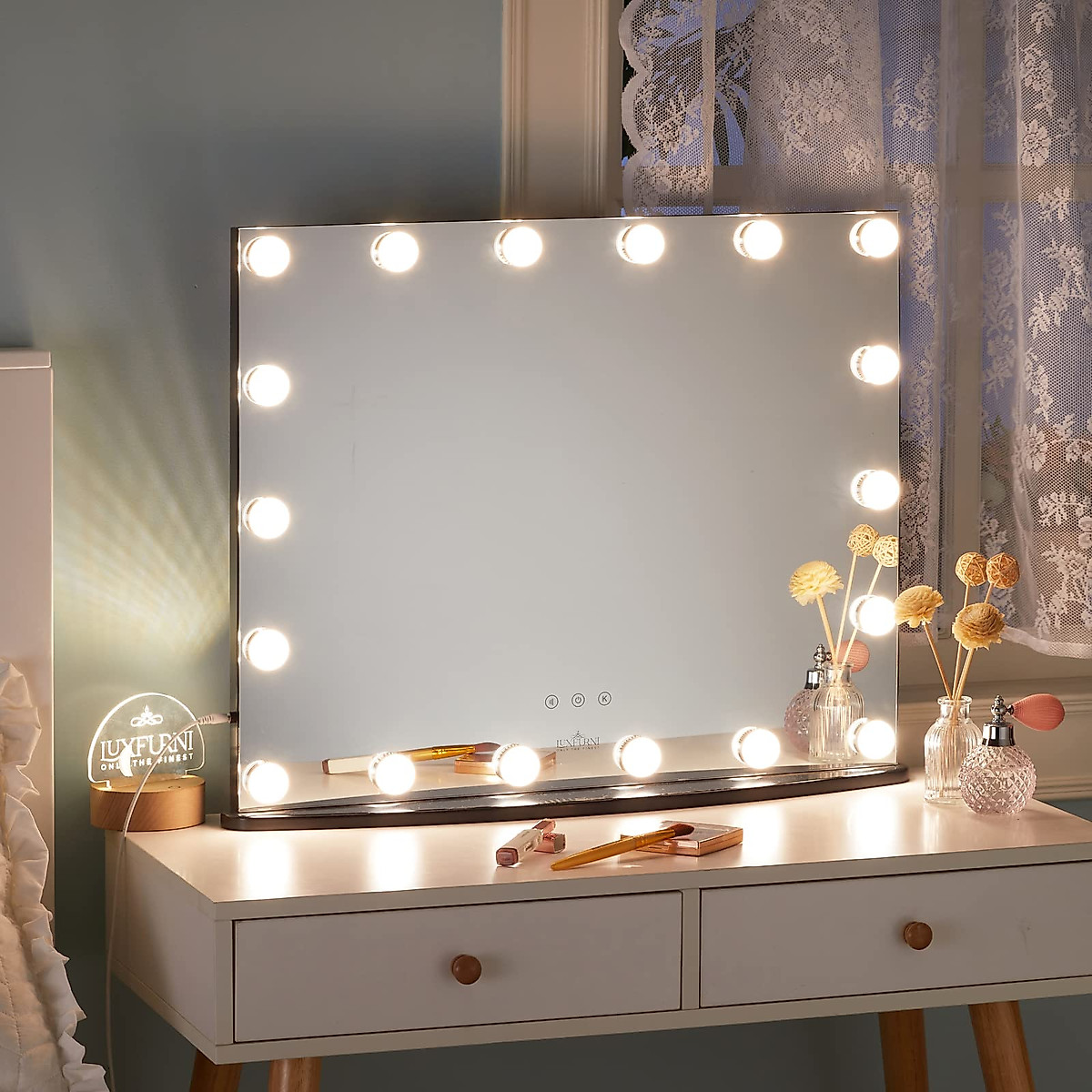 LUXFURNI Vanity Mirror with Makeup Lights, Large Hollywood Light up Mirrors w/ 18 LED Bulbs for Bedroom Tabletop & Wall Mounted (26Lx21W, Black)
