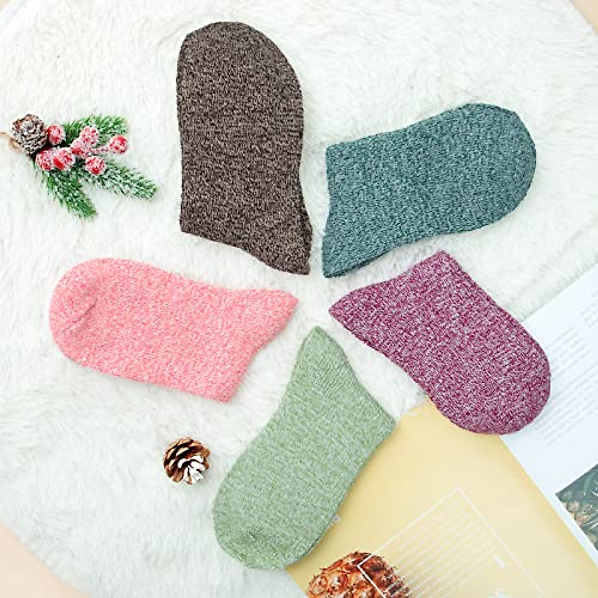 5 Pairs Wool Socks for Women Gifts Winter Warm Thick Knit Cabin Cozy Crew Socks Multi G