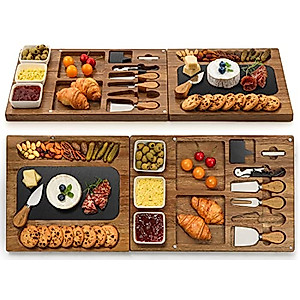 Easoger Acacia Cheese Board and Knife Set - 28" × 11" Extra Large Charcuterie Board Set, Magnetic 3 in 1 Cheese Tray Platter with Rich Accessories, Gift for House Warming, Anniversary, Christmas