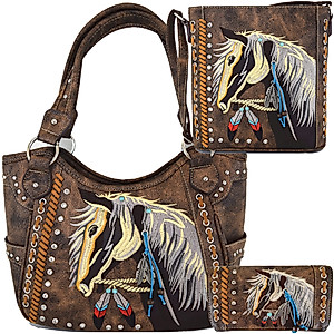 Western Style Horse Concealed Carry Purse Cowgirl Handbag Country Shoulder Bag Crossbody Wallet Set Brown