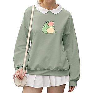 KIEKIECOO Cute Aesthetic Frog Sweatshirt for Teen Girls Kawaii Cartoon Graphic Hoodie Womens Preppy Cotton Pullover Sweaters(Green,Large)