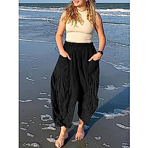 Aiwpstoin Women Wide Leg Linen Pants Summer Casual Drawstring High Waisted Palazzo Harem Pants with Pockets (as1, Alpha, x_l, Regular, Regular, Black)