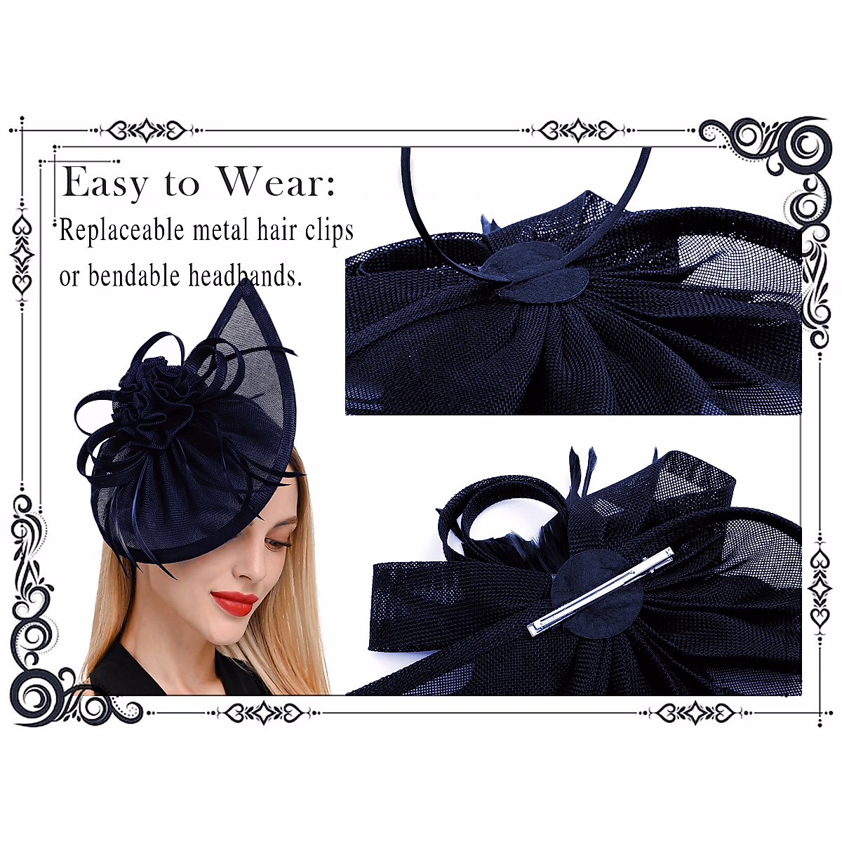 dressfan Fascinator Hat Headpiece Womens Vintage Wedding Headband Derby Hat,20s 50s Mesh Feather Flower Hair Clips Headwear for Kentucky Derby/Wedding/Cocktail/Tea Party,Navy Blue