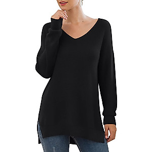 GRECERELLE Women's V-Neck Long Sleeve Side Split Loose Casual Knit Pullover Sweater Blouse Black-Medium