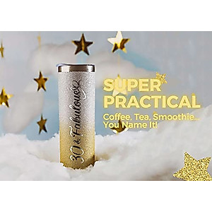 Onebttl 30th Birthday Gifts for Women, Female, Her - 30 and Fabulous - 20oz/590ml Stainless Steel Insulated Glitter Tumbler with Straw, Lid, Message Card - (Gold-Silver Gradient)