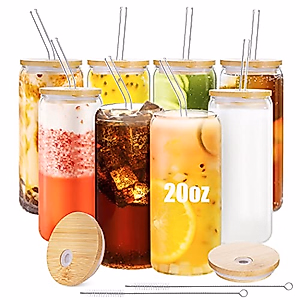 8 Pack 20oz Drinking Glasses Iced Coffee Cups Glass Beer Cups Tumbler Glass with Bamboo Lids and Straws Glasses Cups Can Shaped Glass Gups Large Drinking Can Cups for Smoothies Boba Juice Soda Tea