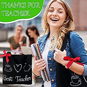 4 Pieces Black Canvas Bag for Teacher Tote Bags for Women Teacher Canvas Bags Teacher Bag with Red Bow Best Teacher Gifts for Women, Teacher's Day, Graduation, Back to School Travel Supplies Christmas
