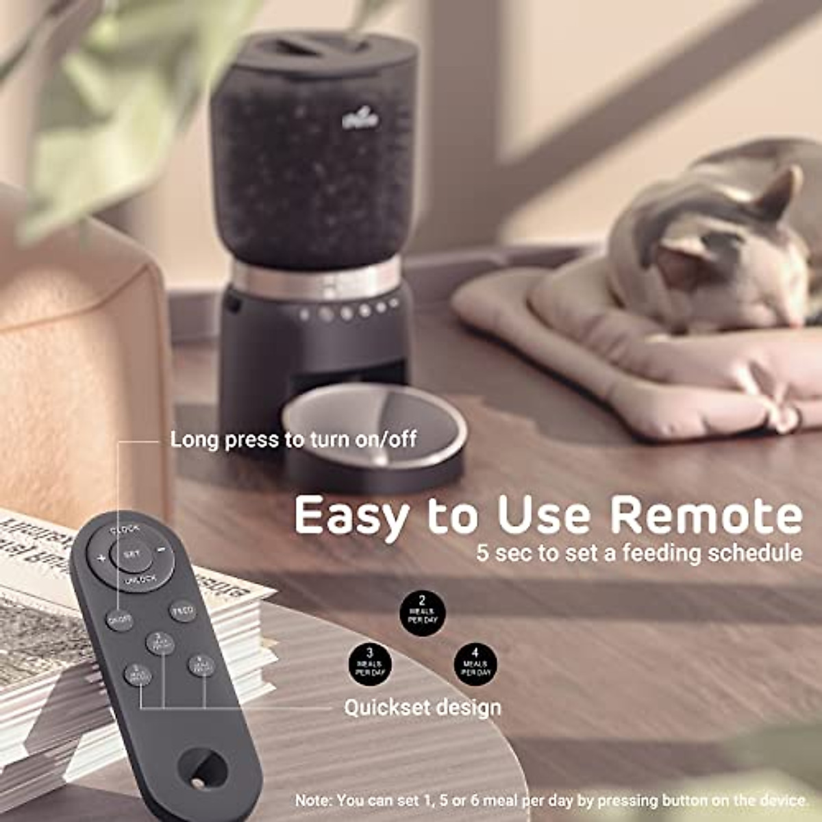 iPettie Hourglass Cat Feeder Automatic with Quickset Remote, 5L/21 Cup Capacity, 1-6 Meals Per Day, 20 sec Voice Recording, Stainless Steel Bowl, Self Feeding Cat Food Dispenser, Auto Cat Feeder