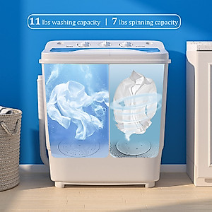 Erivess Portable Twin Tub 18lbs Washing Machine with Drying Rack, 11lbs Washer Mini Compact Laundry Machine with 7lbs Spinner, Semi-automatic Washer Combo for Dorms, Apartments