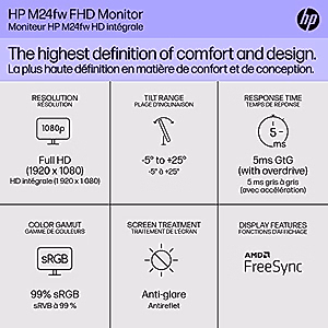 HP 24-inch FHD Monitor with AMD FreeSync Technology (2021 Model, M24fw),Silver, 15.62"D x 21.09"W x 6.97"H