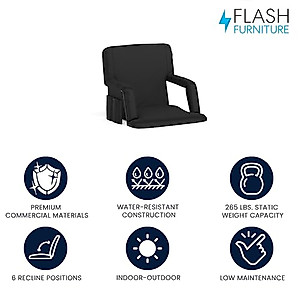 Flash Furniture Malta Portable Stadium Seat for Bleachers or Benches, Padded Stadium Chair with Backpack Straps and Storage, 265 lb. Weight Capacity, Black