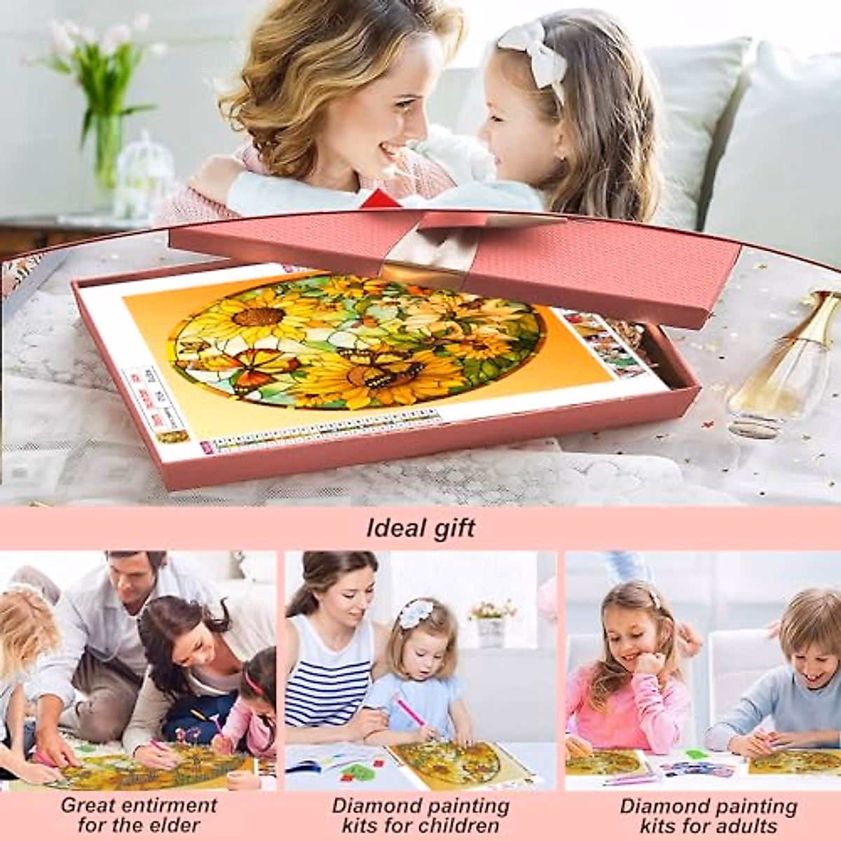 Stalente Diamond Painting Kits for Adults, 5D DIY Diamond Art Kits for Beginners Round Full Drill Diamond Painting for Home Wall Decoration Gift 12×12inch, Sunflower Butterfly