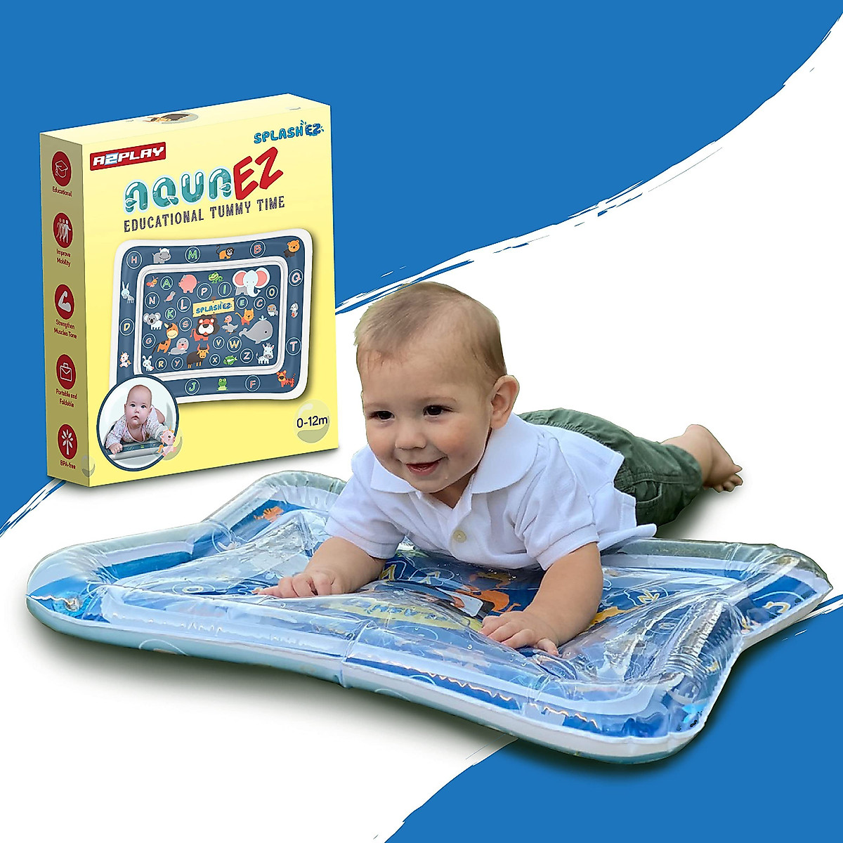 SplashEZ Water Mat for Babies – Inflatable Tummy Time Water Play Activity Mat with Animals & Letters Stimulates Brain Development – BPA-Free, Sensory Baby Boy & Girl Mats, 26x20x2.5 in.