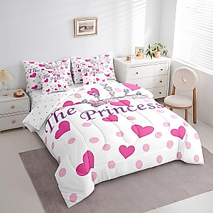 7 Pieces The Crown Comforter Set Twin, Fashion Princess Crown Bedding for Kids Girls, Rose Pink Hearts Dots Print Bed Set(1 Comforter,1 Fitted Sheet,1 Flat Sheet,2 Pillowcases,2 Throw Pillow Cover)