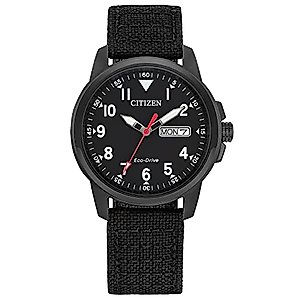 Citizen Men's Eco-Drive Weekender Garrison Field Watch in Black IP Stainless Steel with Black Nylon strap, Black Dial (Model: BM8186-15E)