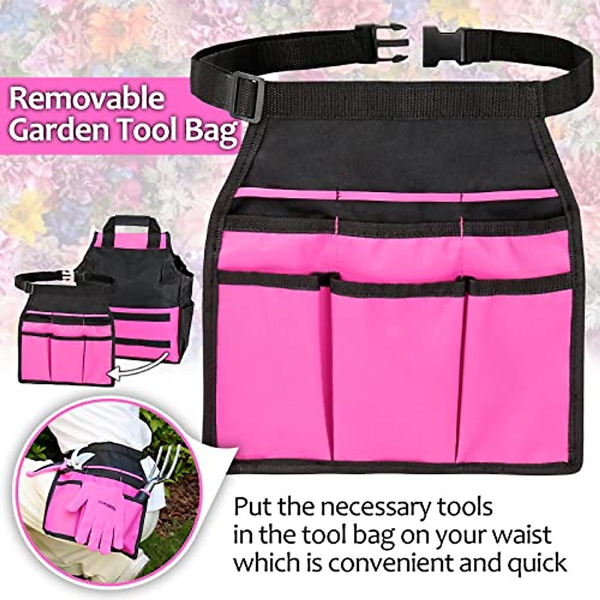 Garden Tool Set，10 Piece Pink Gardening Gifts for Women,with 2 in 1 Detachable Storage Bag, Trowel, Transplanter, Rake, Weeder, Cultivator, Purning Shears and 3 Additional Protection Tools(LANNIU)