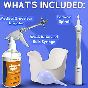 Cleanse Right - Ear Wax Removal Kit- USA MADE Ear Spiral, Cotton Swab Alternative, USA Made, Reusable, Dishwasher Friendly Tips! Wash Basin, Syringe. Cleaner Irrigation Tool to Remove Earwax Blockage