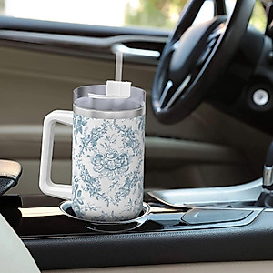 Elegant Engraved Blue And White Floral Toile 40 Oz Tumbler With Handle & Leak-Proof Lid – Car Cup Holder Friendly Hot/Cold Vacuum Insulated Stainless Steel Travel Mug Large Coffee Water Bottle For Car