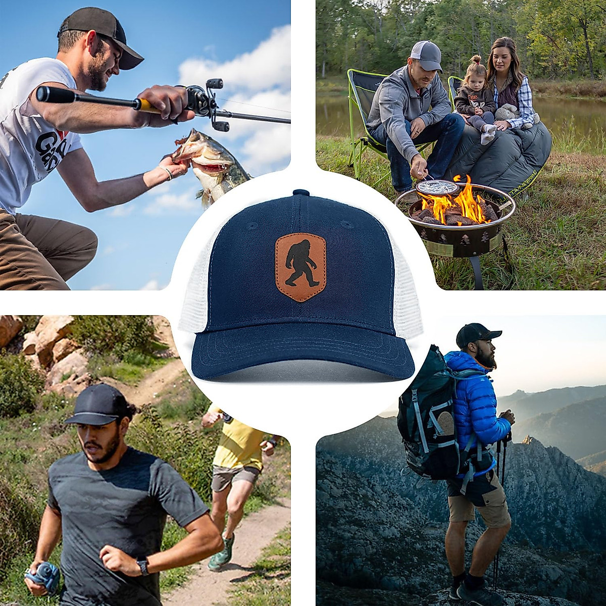 Pnkvnlo Mesh Bigfoot Hat Leather Cap for Men- Great Snapback Closure Sasquatch Hat for Hunting & Hiking-Leather-navy blue