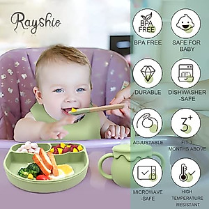Rayshie Baby Led Weaning Supplies,Baby Utensils 6-12 Months, BLW Utensils,Silicone Bib,Toddler Bowl,Straw Cup,Suction Divided Baby Plate,Fork&Spoon,Baby Eating Supplies,Baby Gifts (RS-FDs-Olive-22-03)
