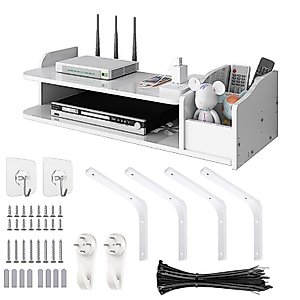 Catekro Floating Wall Shelf for WiFi Router, Router Fences, Comes with Four Shelf Brackets and 100 pcs Black Cable Zippers, Floating Shelf for Cable Boxes, Digital Media Router, Games Consoles