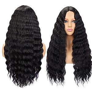 Mairead 28 Inch Long Curly Synthetic Wigs for Black Women Skunk Stripe Wig Side Part Loose Deep Wave Wig Small Lace Front Wigs Natural Looking Crimps Curls Wig