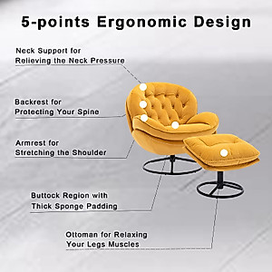 Baysitone Velvet Swivel Accent Chair with Ottoman Set, Modern Lounge Chair with Footrest, Comfy Armchair with 360 Degree Swiveling for Living Room, Bedroom, Reading Room, Home Office (Yellow)