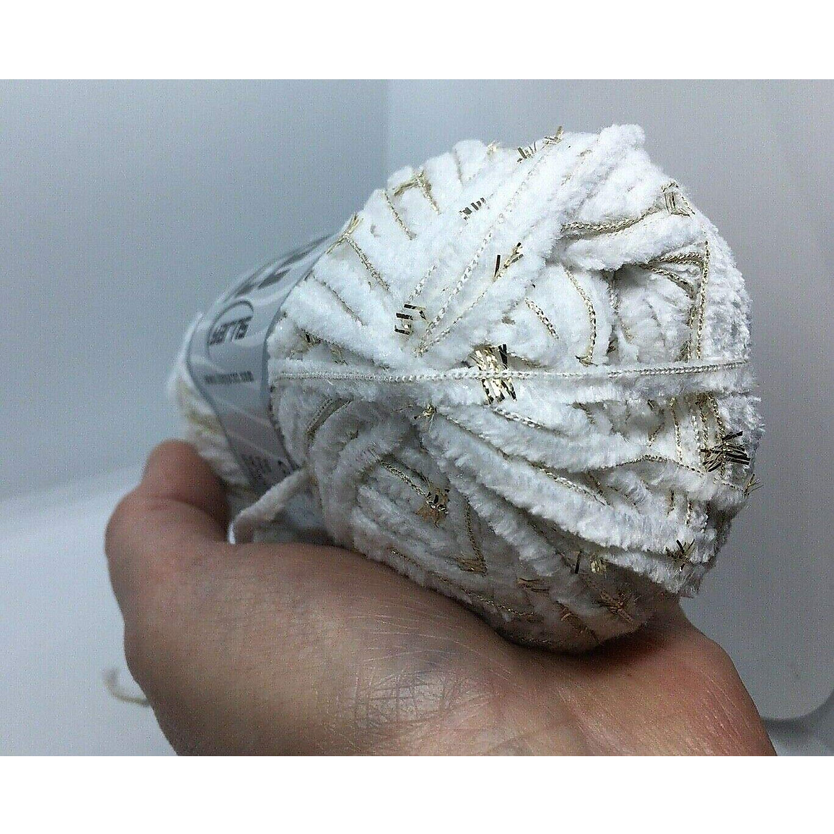 Metallic Accent Chenille Yarn - 50 Grams (1.75 Ounces) 65 Meters (71 Yards) White, Gold