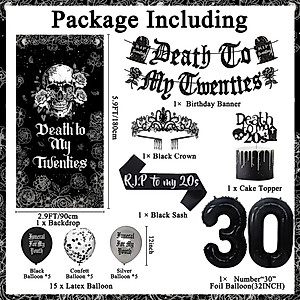 Vlipoeasn Death to My 20s Decorations for Her or Him, Death to My Twenties Backdrop, Banner, Sash, Cake Topper and Balloons for 30th BirthdayDecorations, Dirty 30 Year Old Birthday Party Supplies